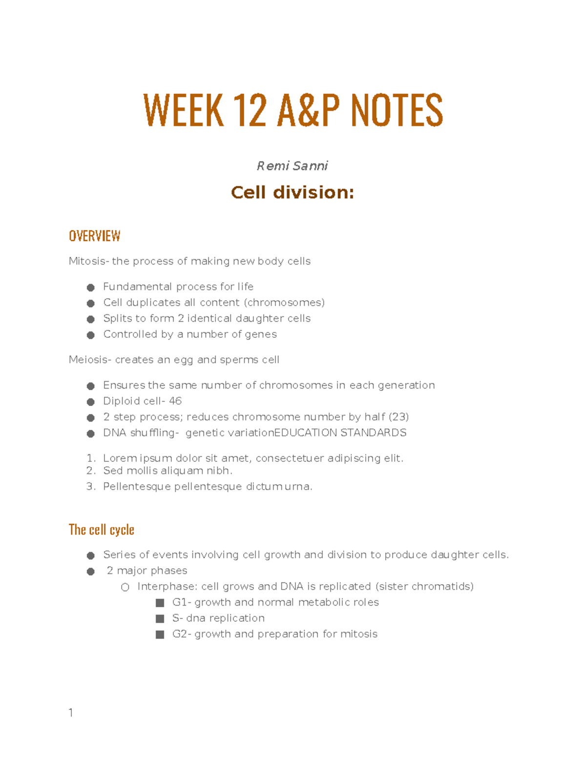 Week 12 notes- cell division (meoosis) - WEEK 12 A&P NOTES Remi Sanni ...