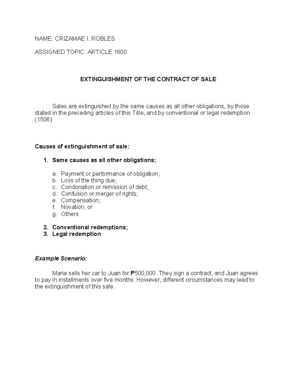 Article 1600: Extinguishment of Sale Contracts - Key Concepts - Studocu