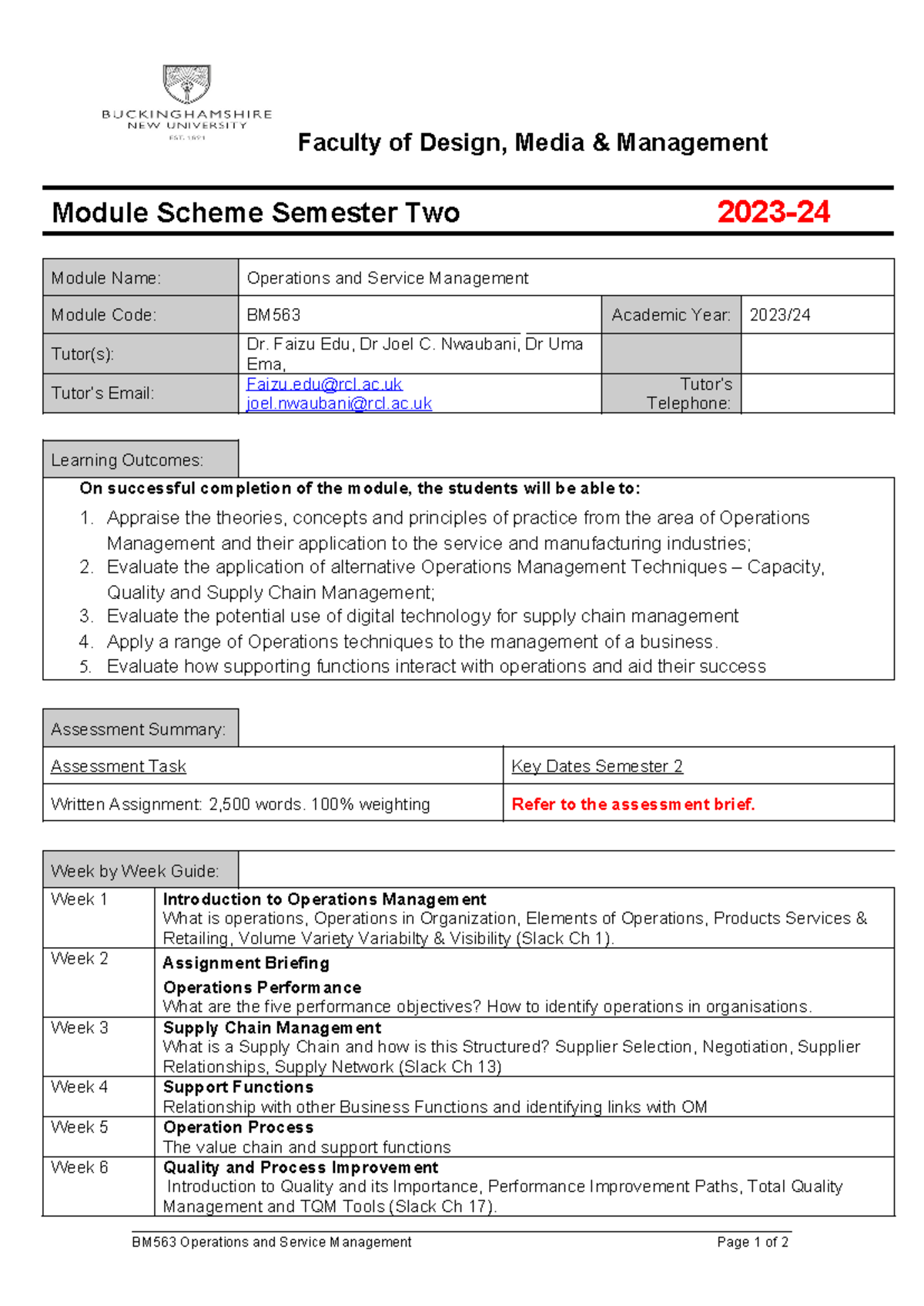 Module Scheme BM563 OSM(2) - Faculty of Design, Media & Management ...