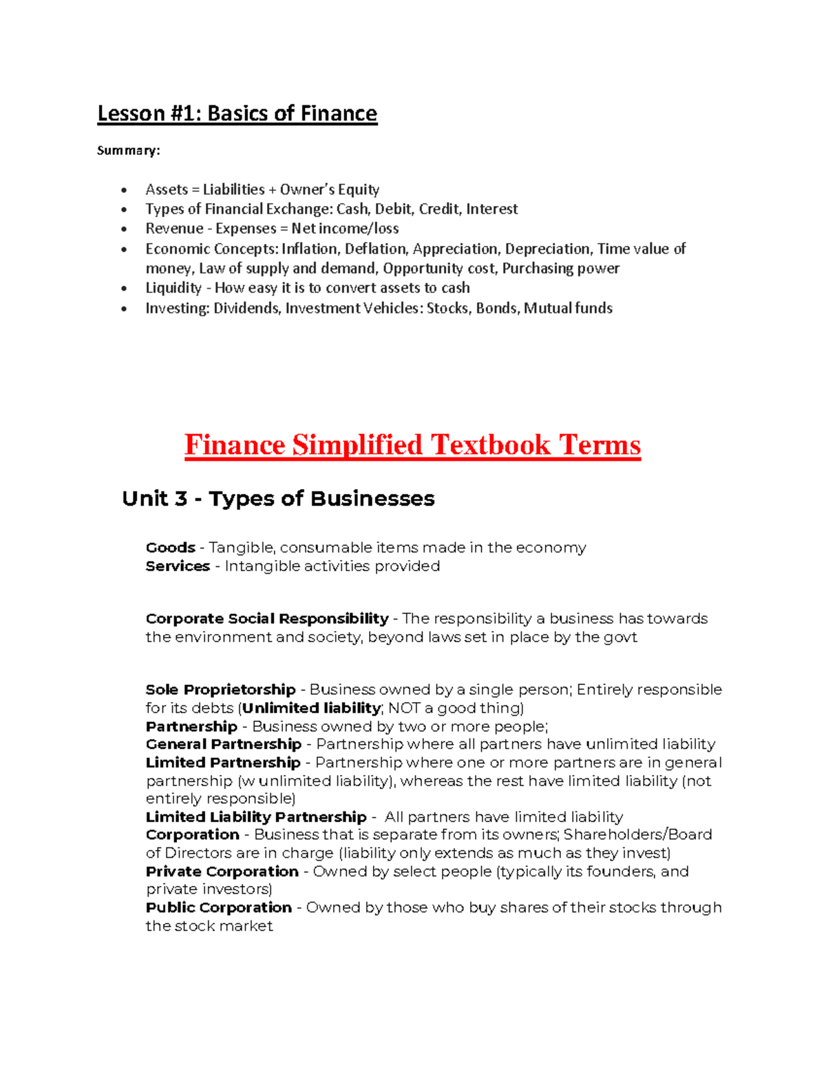 DECA Finance summarized - Lesson #1: Basics of Finance Summary ...