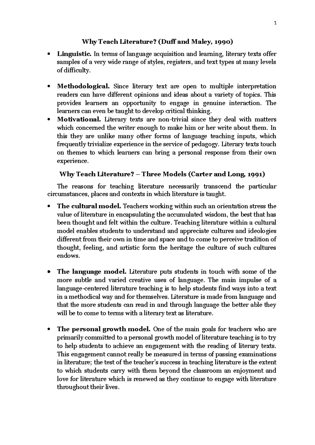 Why Teach Literature? Insights & Models for Educators - Studocu