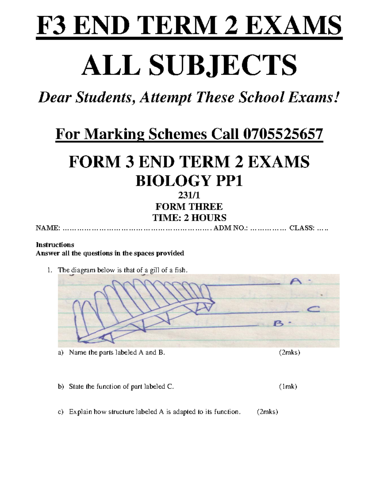 F3 TERM 2 End Term Exams - Biology & Agriculture Papers Overview - Studocu
