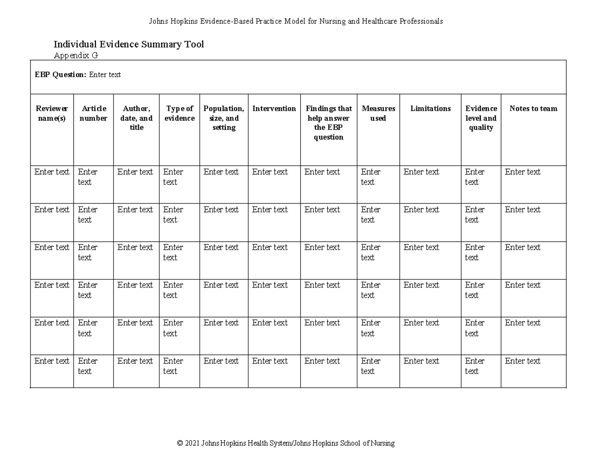 Johns Hopkins Nursing EBP Summary Tool Appendix G - 2021 - Studocu