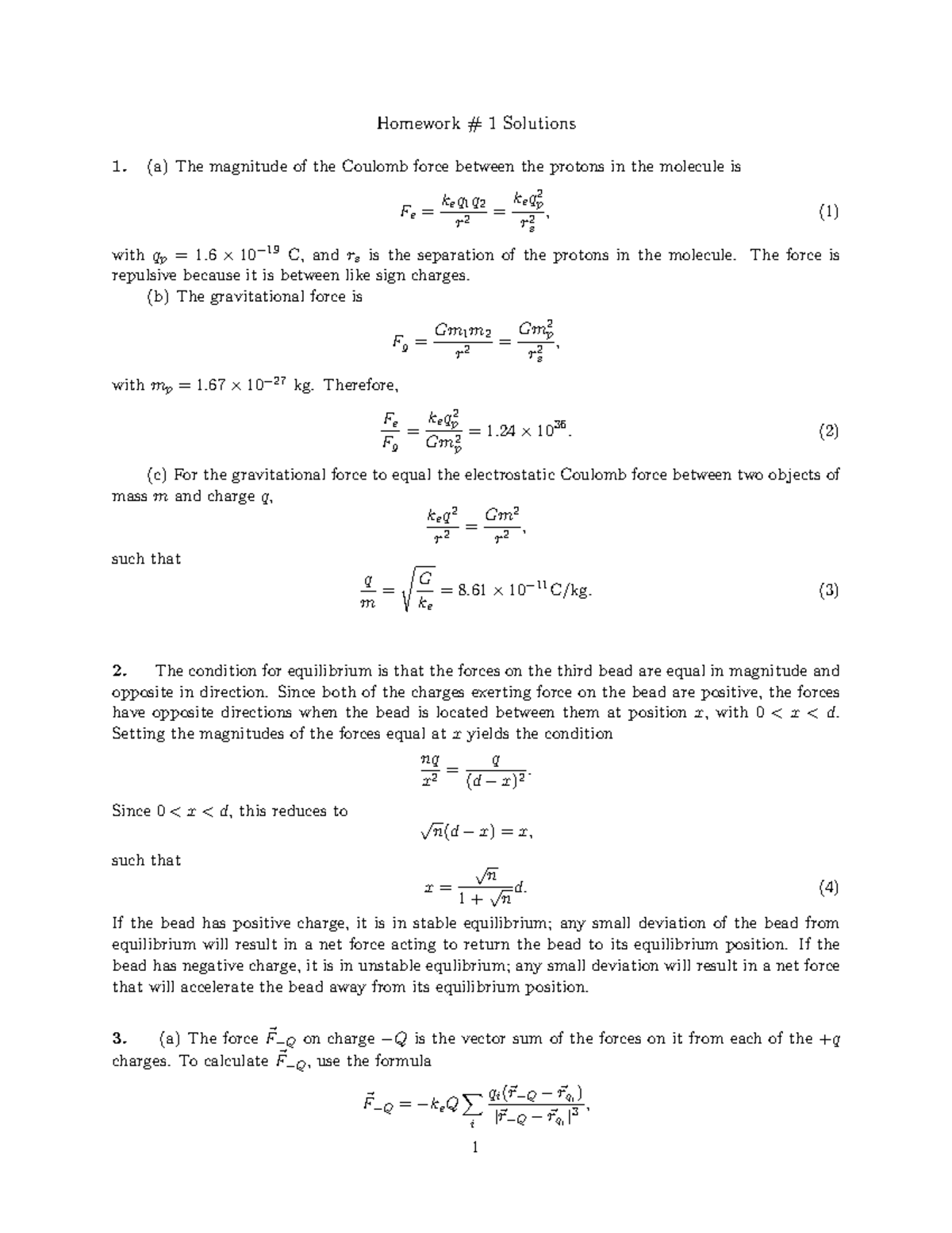 P202hmwk1 - Homework 1 Solutions on Coulomb and Gravitational Forces ...