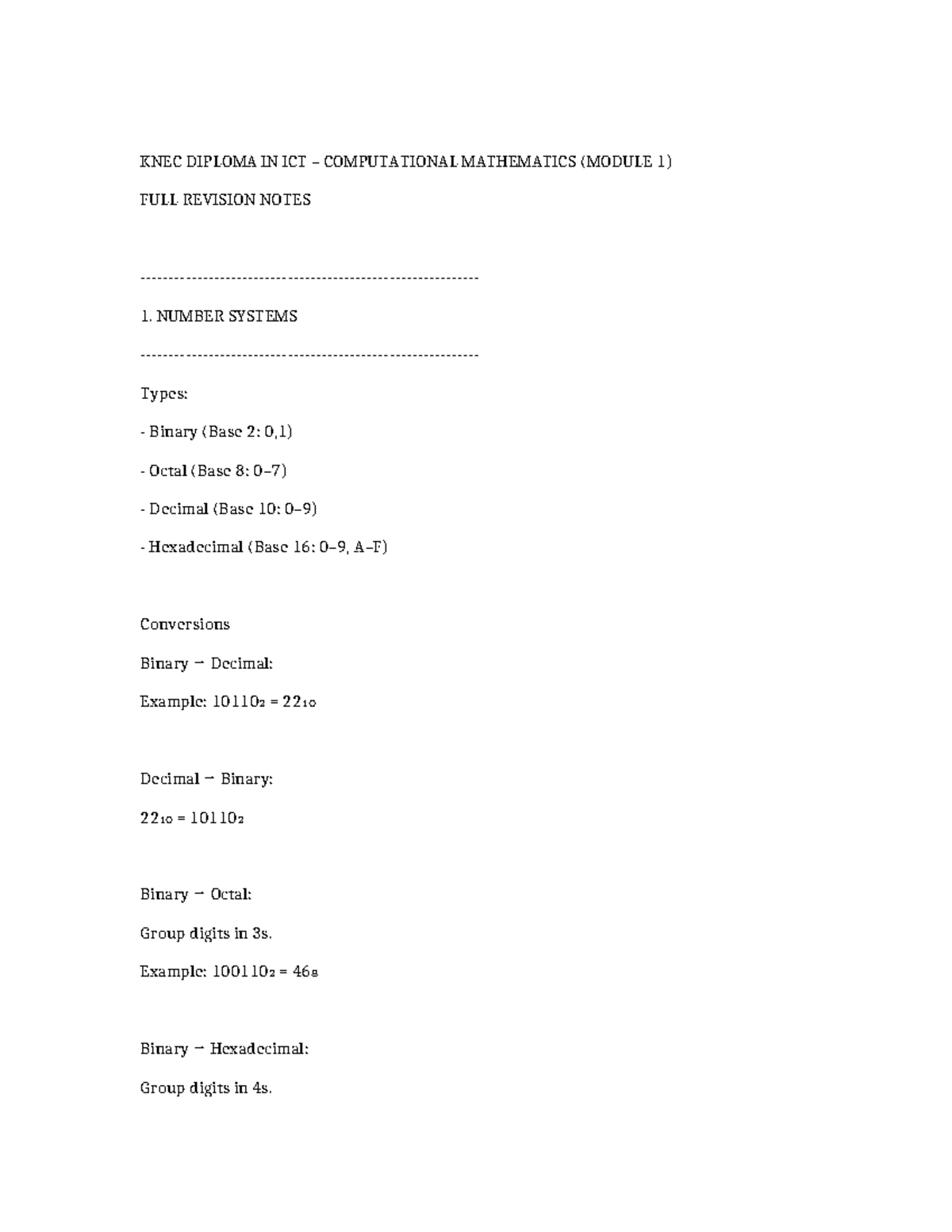 KNEC DIPLOMA IN ICT COMPUTATIONAL MATHS (MODULE 1) REVISION NOTES - Studocu