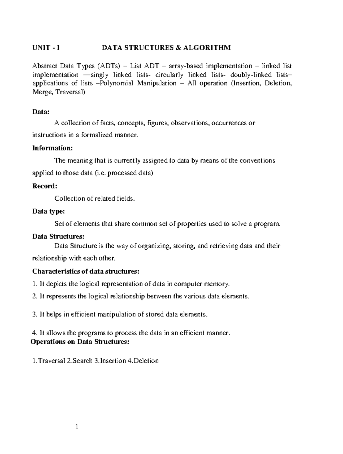 DATA Structures UNIT-I: Abstract Data Types & List ADT Implementation ...