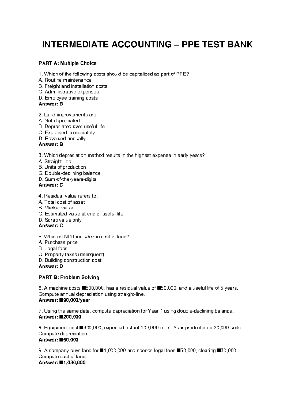 INTERMEDIATE ACCOUNTING PPE TEST BANK PART A & B - Studocu