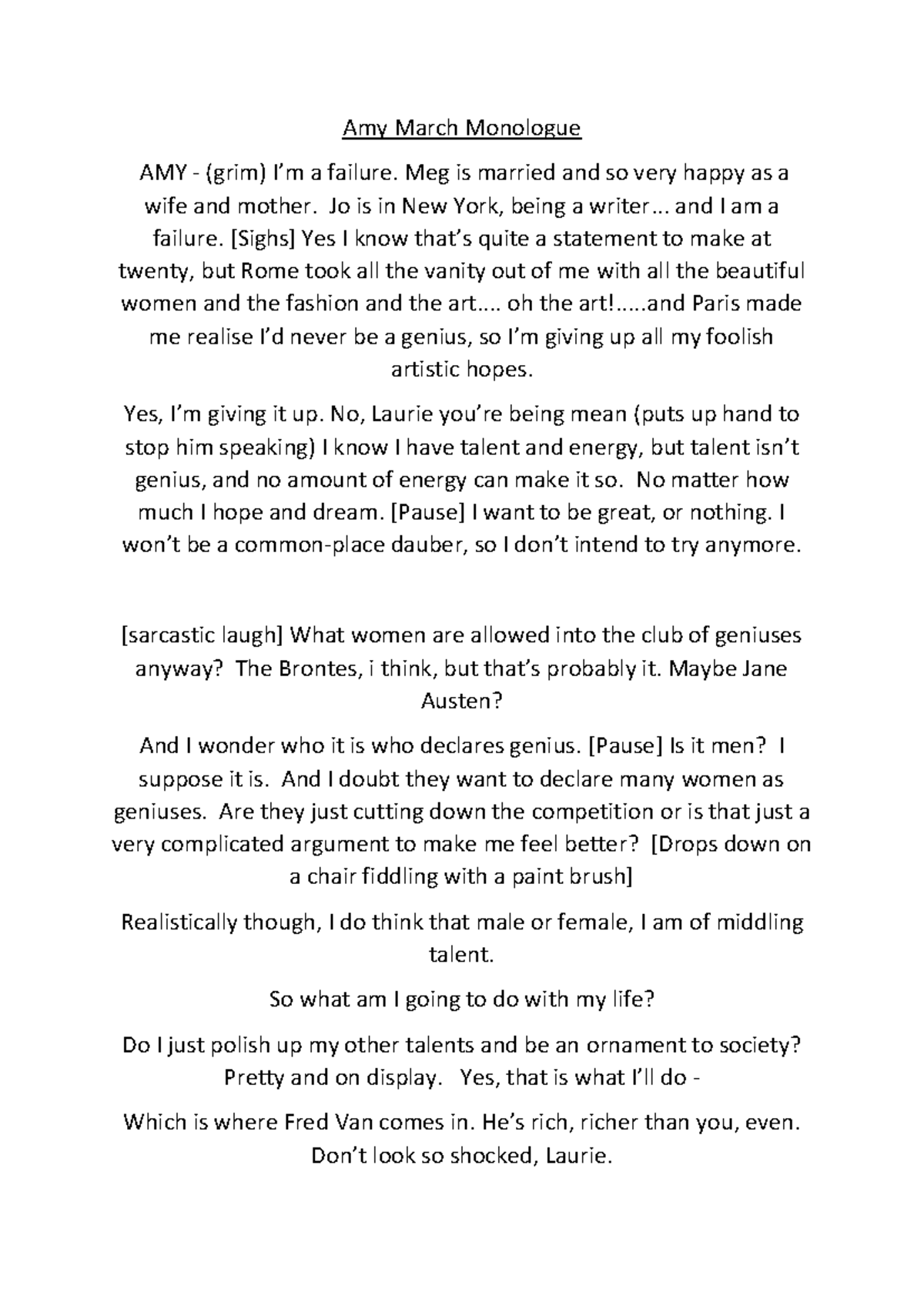 Amy March Monologue: Reflections on Talent and Expectations - Studocu