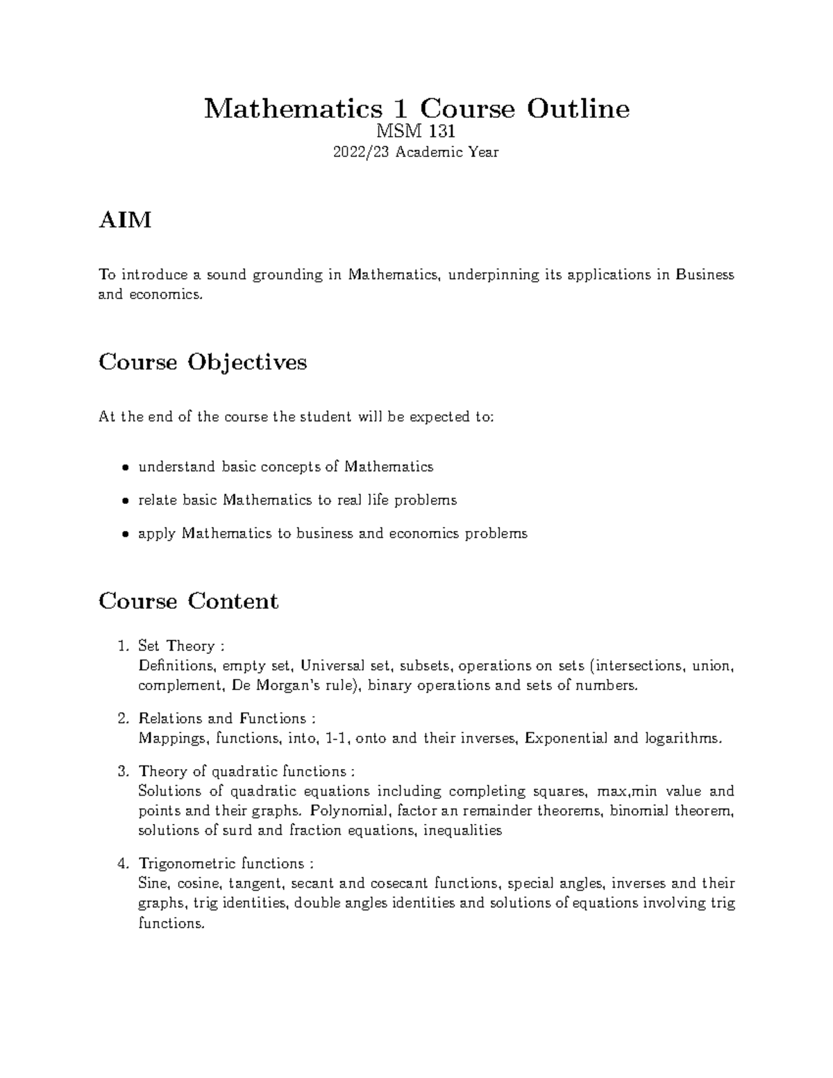 MSM 131 Mathematics 1 Course Outline - 2022/23 Academic Year - Studocu