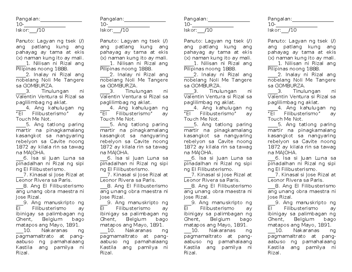 Pagsusulit sa El Filibusterismo - Summative Assessment - Studocu