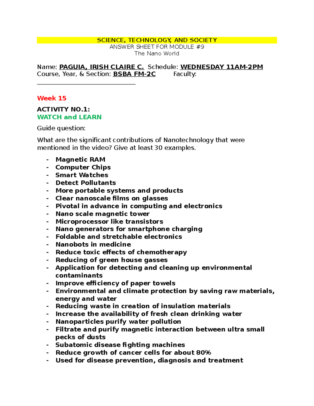 STS module 9 answer sheet - SCIENCE, TECHNOLOGY, AND SOCIETY ANSWER ...