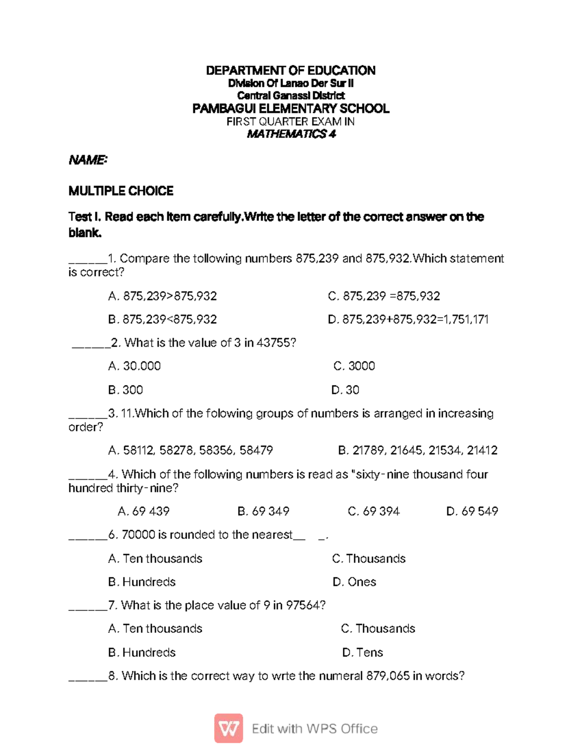 MATH-4 First Quarter Exam Review: Multiple Choice Questions - Studocu
