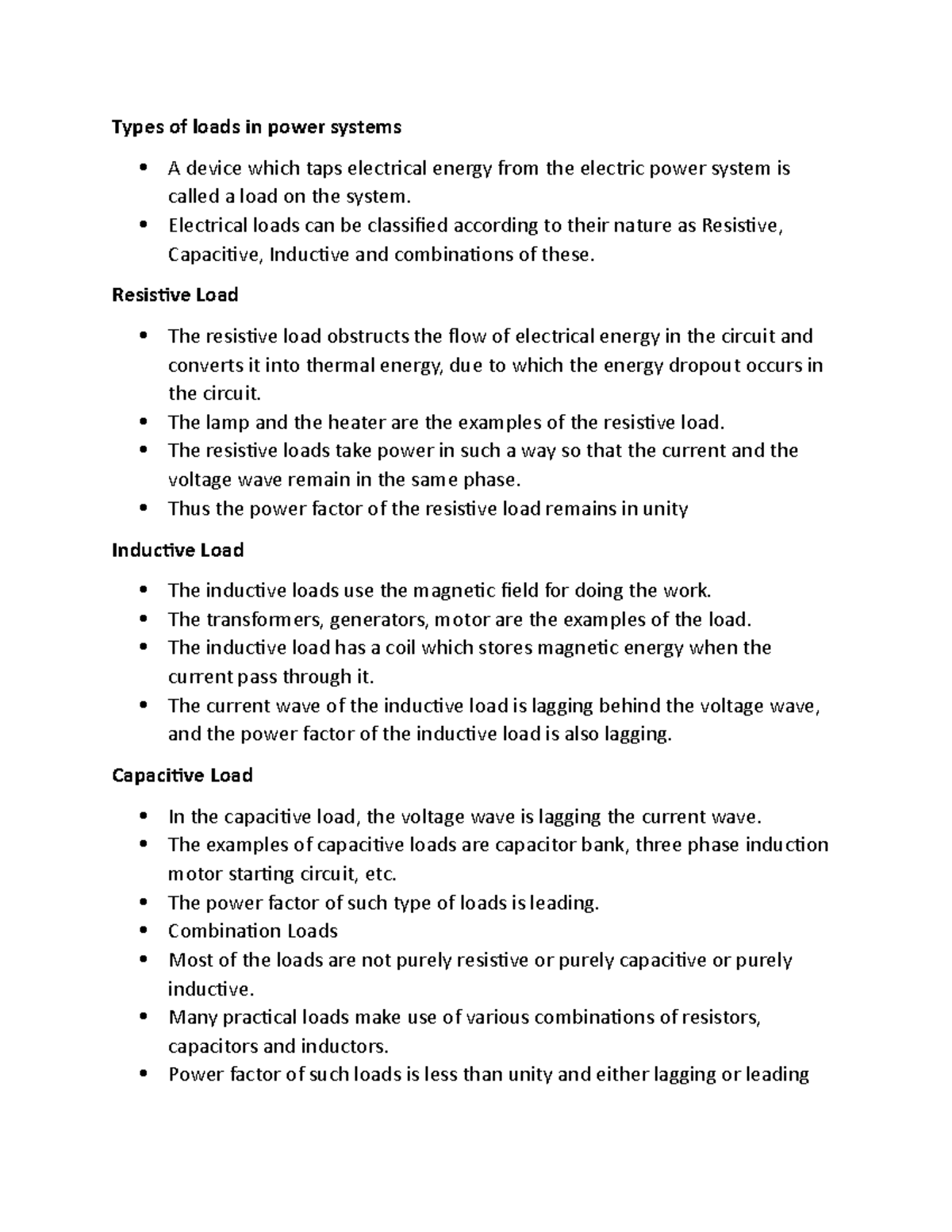 Types of loads in power systems - Electrical loads can be classified ...