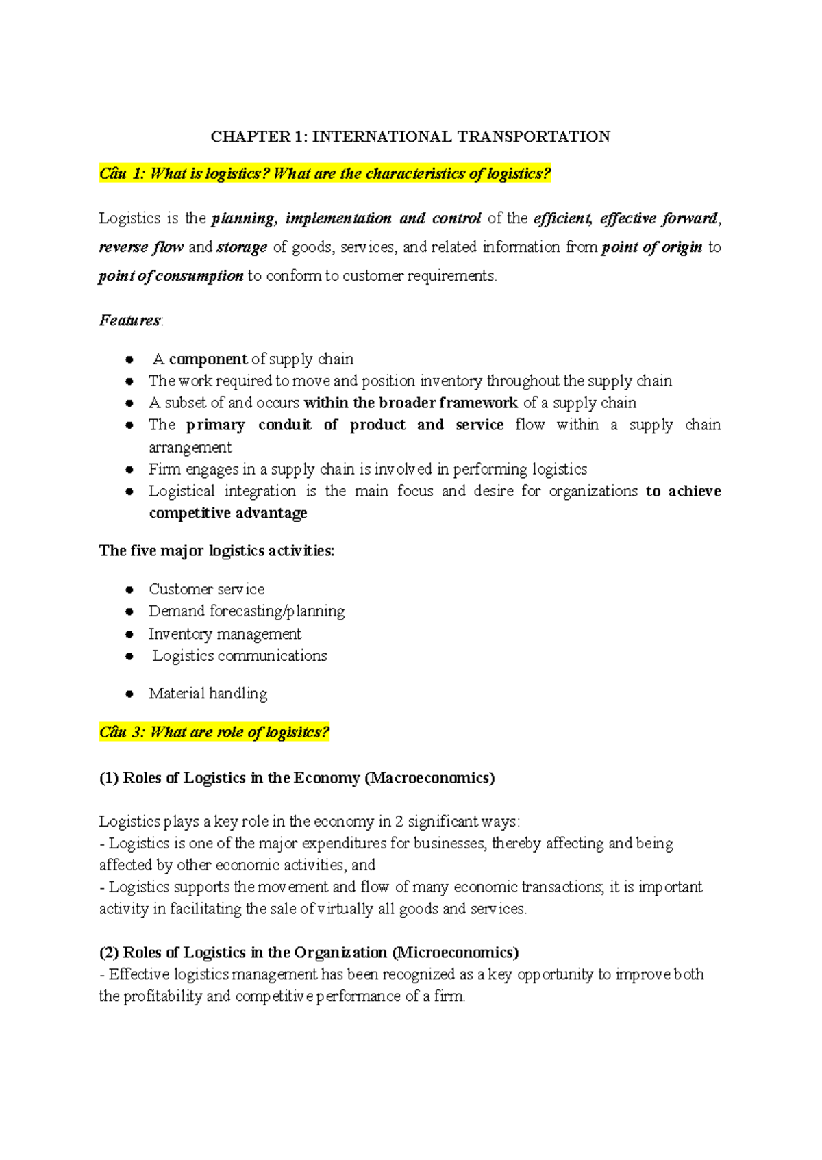 CHAPTER 1 & 2: LOGISTICS AND INTERNATIONAL TRANSPORTATION OVERVIEW ...