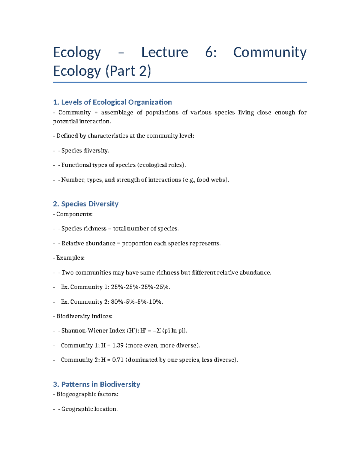 Ecology Lecture 6: Community Dynamics and Biodiversity Insights - Studocu