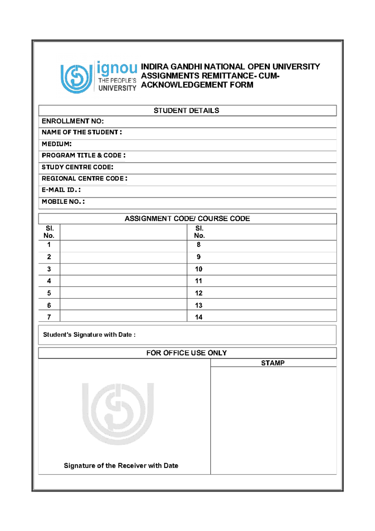 Ignou-assignment-receiving-slip Acknowledgement-ignou baba - INDIRA ...