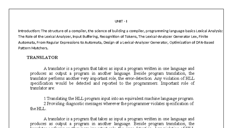 CD UNIT-I Compiler Structure and Lexical Analysis Notes - Studocu
