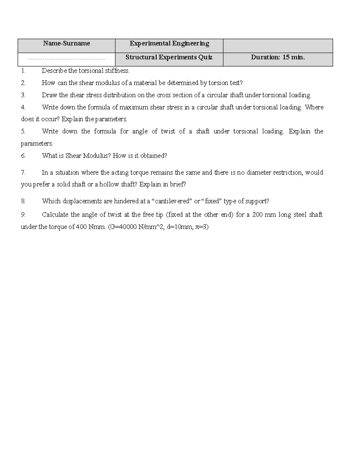 Experimental Engineering - Structural Experiments Quiz (QPool-Torsion ...