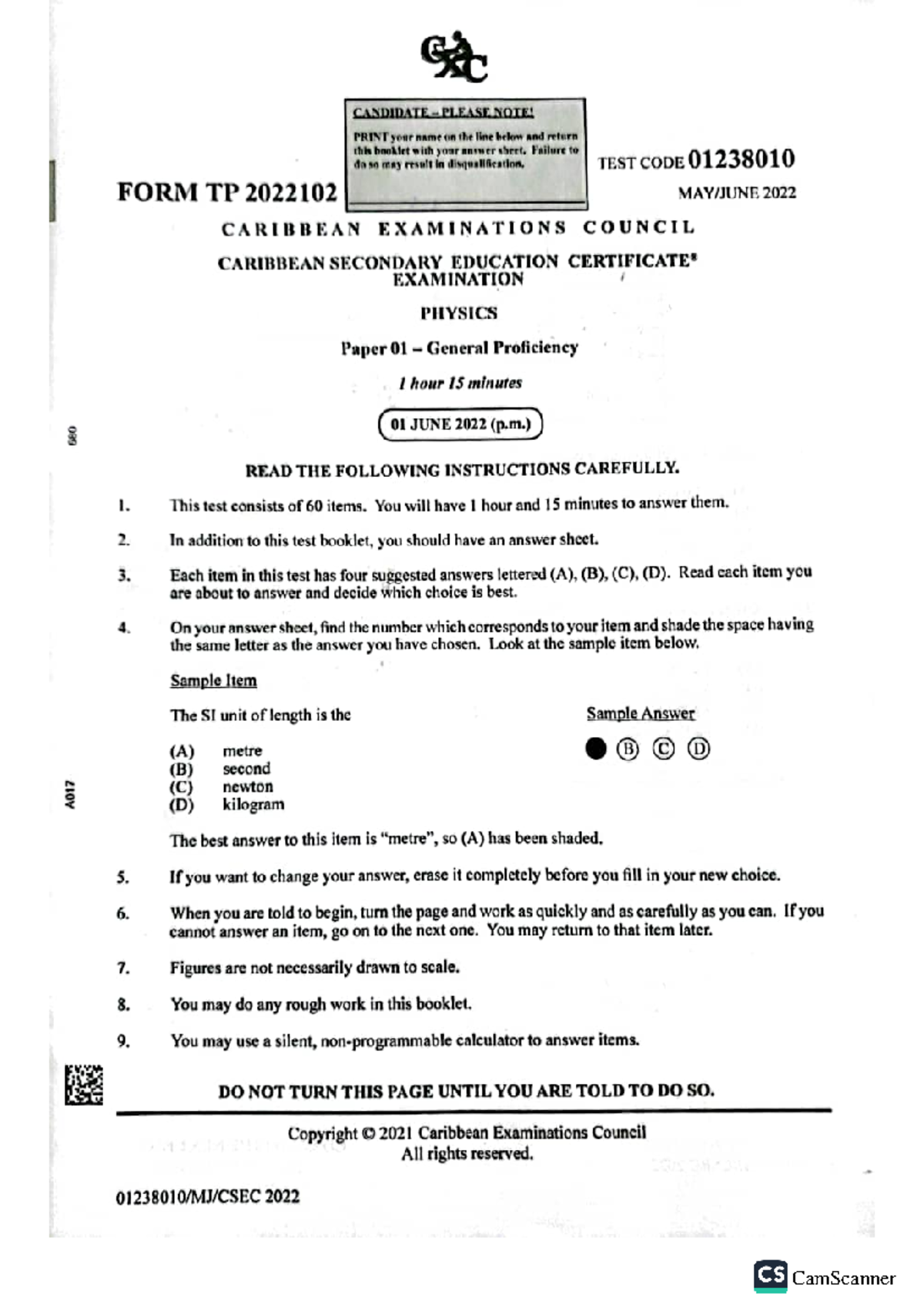 CSEC Physics Paper 01 General Proficiency June 2022 Past Paper - Studocu