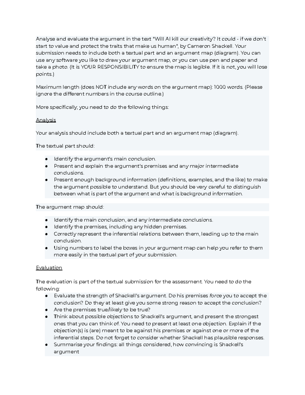 Arts1362: Analysis and Evaluation of Shackell's Argument on AI and ...