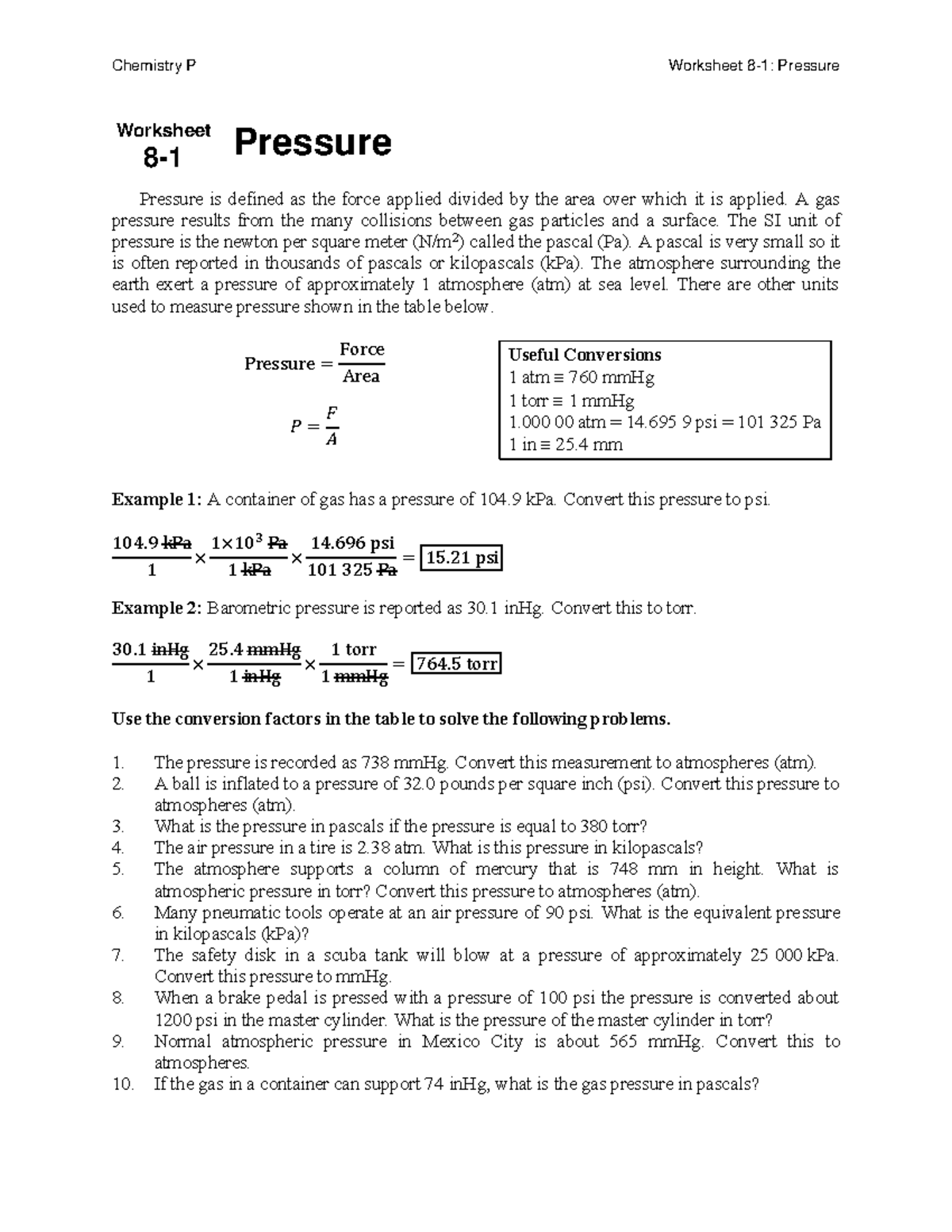 Pressure-Unit-Conversion - Chemistry P Worksheet 8 - 1 : Pressure ...