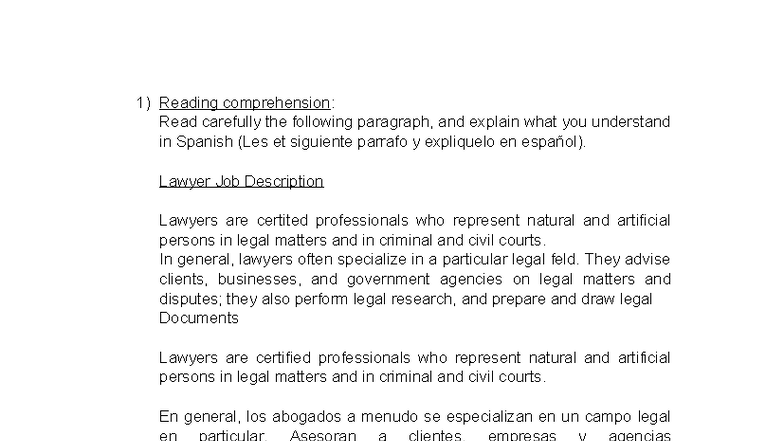 Ingles Final Exam: Lawyer Job Description & Reading Comprehension - Studocu