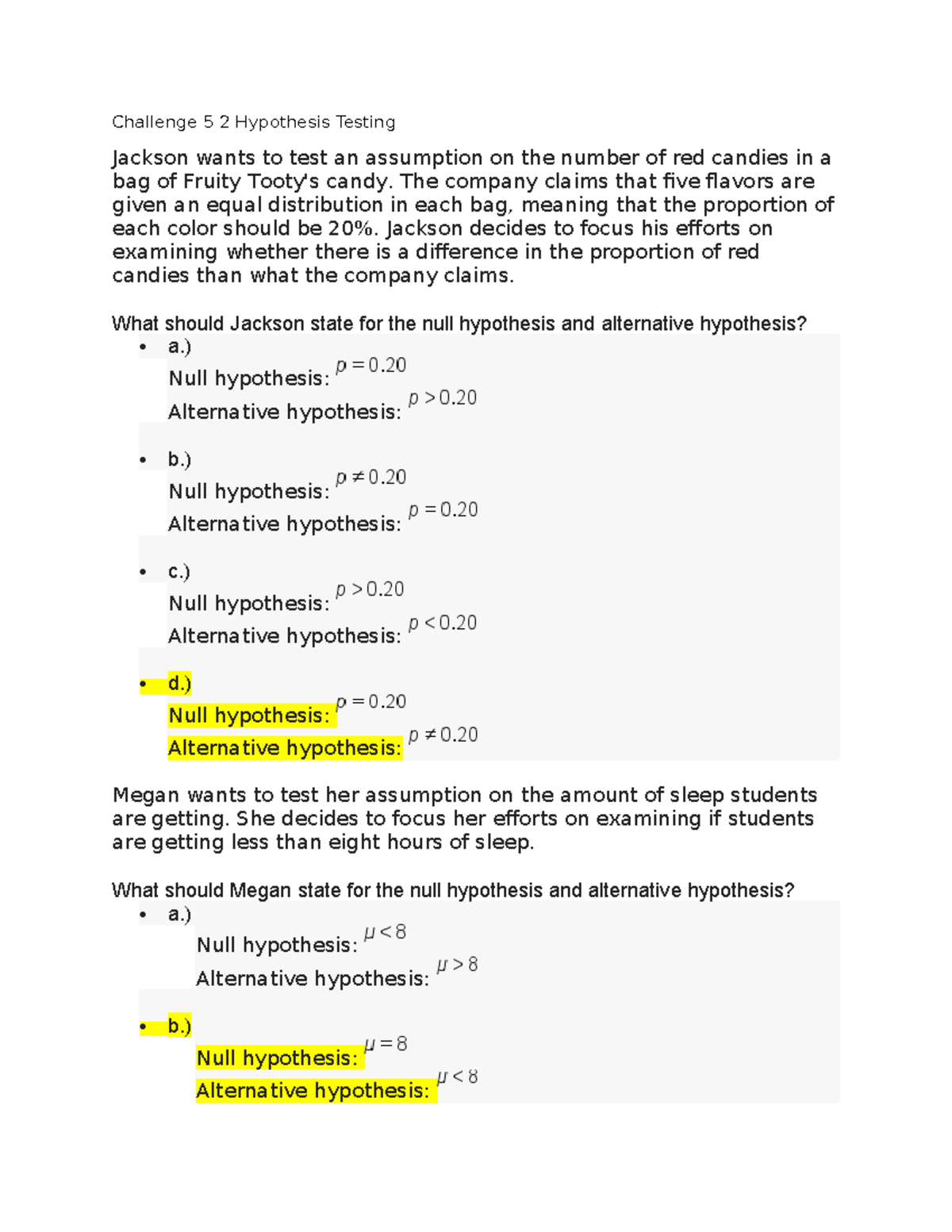 Challenge 5.2: Hypothesis Testing Scenarios and Solutions - Studocu