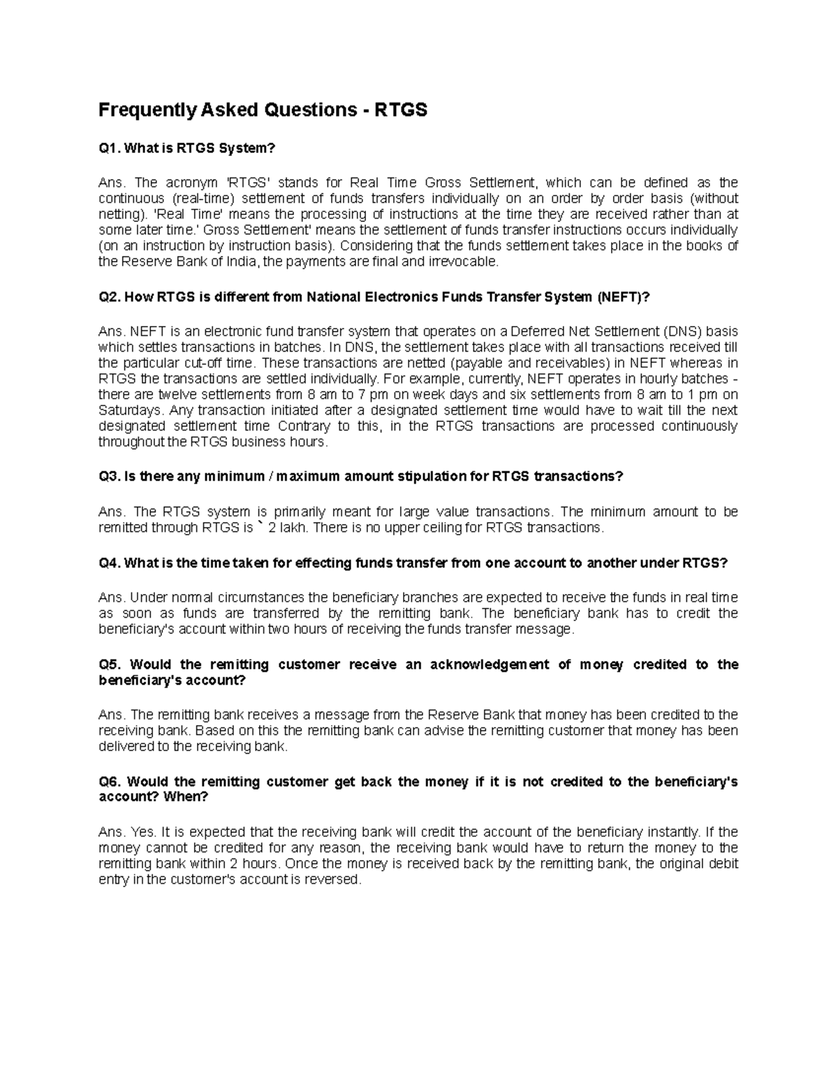 Faq on rtgs revised - RTGS - Frequently Asked Questions - RTGS Q1. What ...