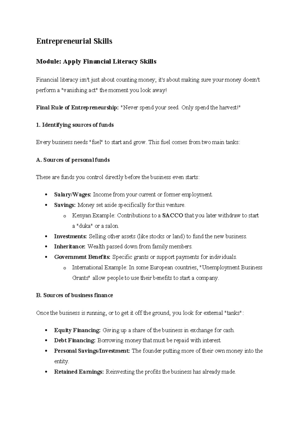Entrepreneurial Skills (ES101): Financial Literacy & Management Guide ...