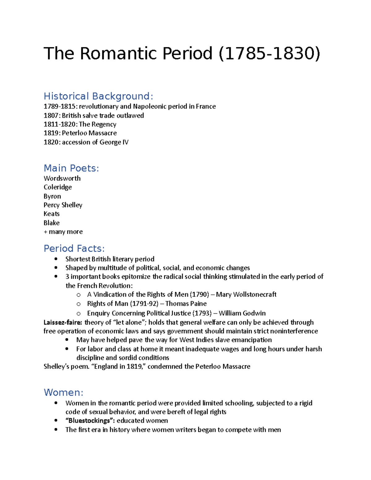 The Romantic Period (1785-1830): Key Notes and Insights - Studocu