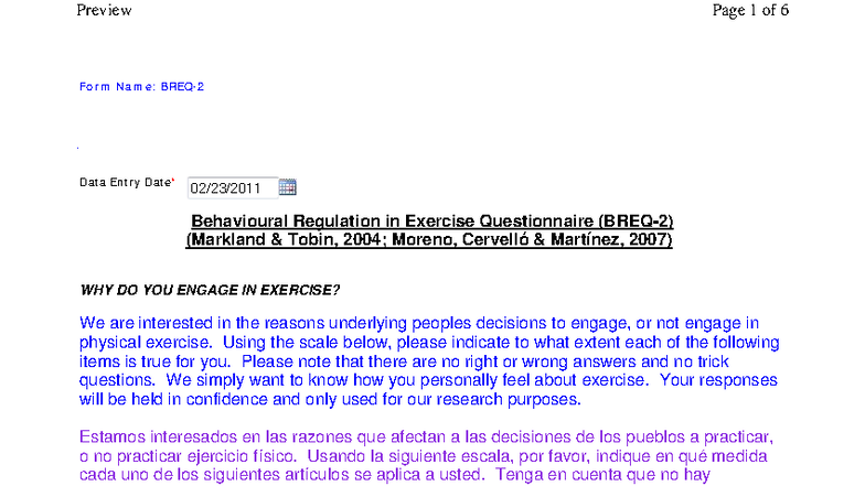 Behavioural Regulation in Exercise Questionnaire (BREQ-2) Items - Studocu