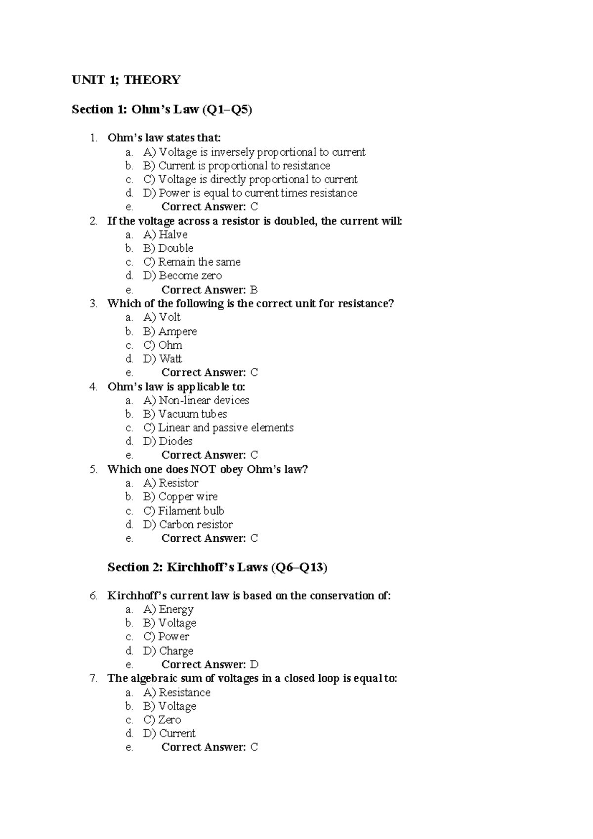 MCQ CA1 Practice: Electrical Laws and Semiconductor Basics - Studocu