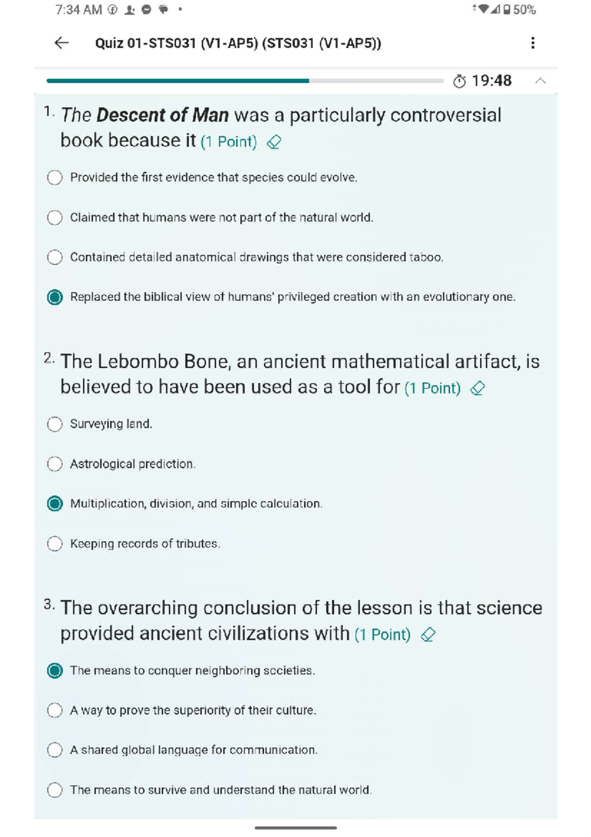 1st Quiz STS031: The Descent of Man and Ancient Civilizations - Studocu