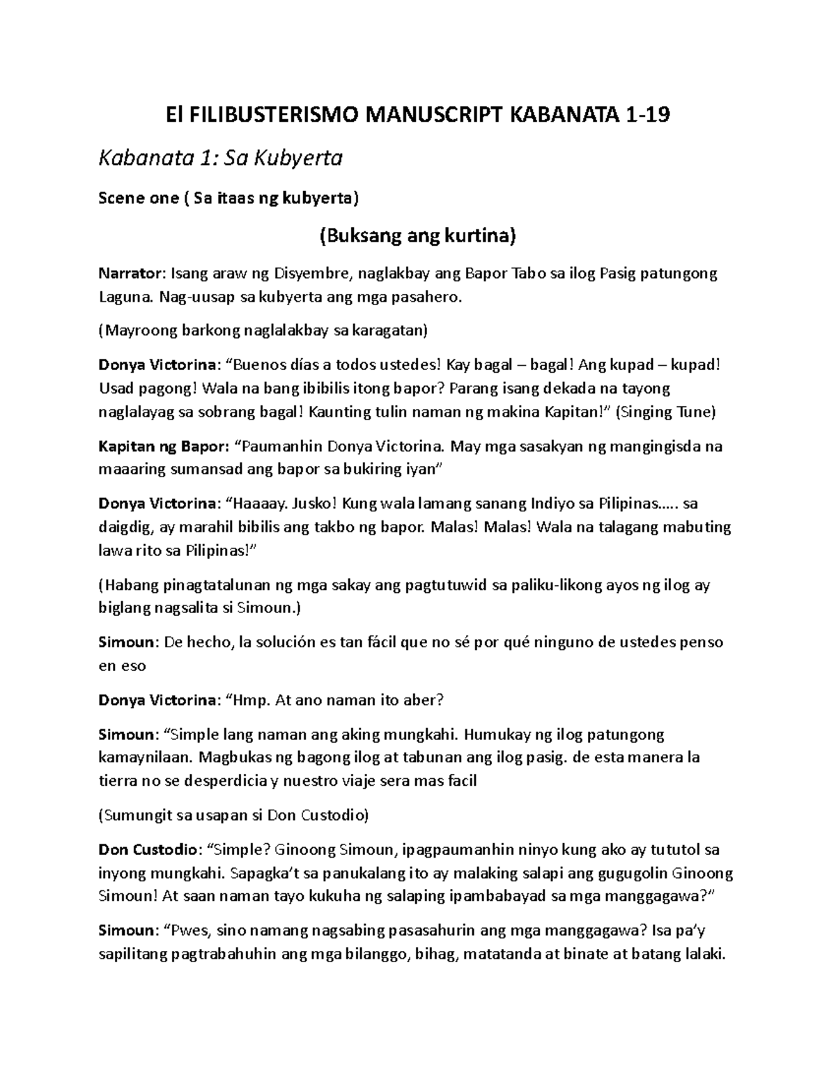 El Filibusterismo Script: Kabanata 1-4 (Manuscript) - Studocu
