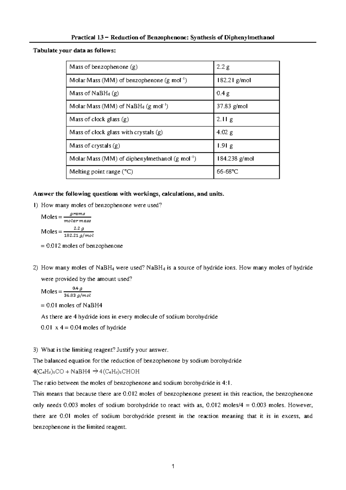 Practical 13: Synthesis of Diphenylmethanol via Benzophenone Reduction ...