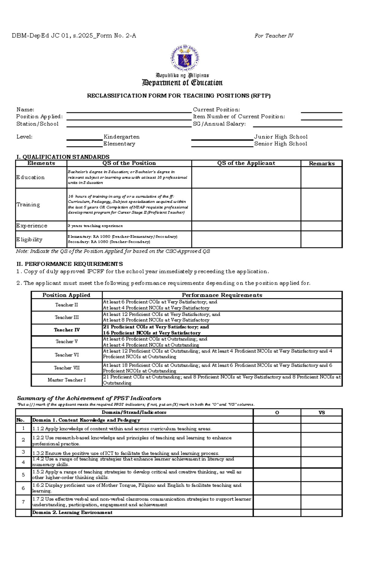 RFTP Form for Teacher IV Promotion - JC 01, s.2025 - Studocu