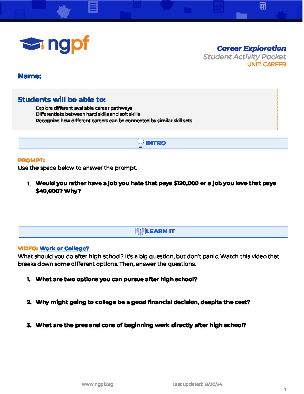 Career Exploration Student Activity Packet: Pathways & Skills Guide ...