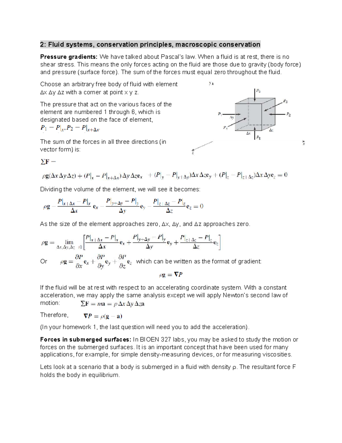 Conservation Principles in Fluid Mechanics: Study Guide for BIOEN 327 ...