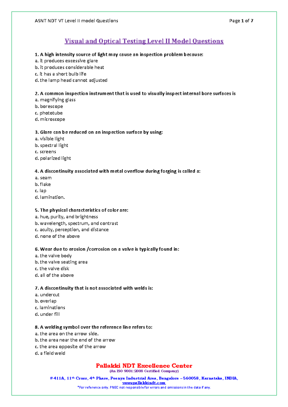 Visual and Optical Testing Level II Q&A for NDT Certification Study ...