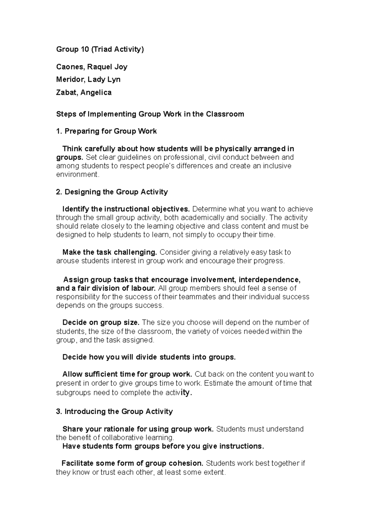 Steps in Implementing Group Work in the Classroom - Group 10 (Triad ...