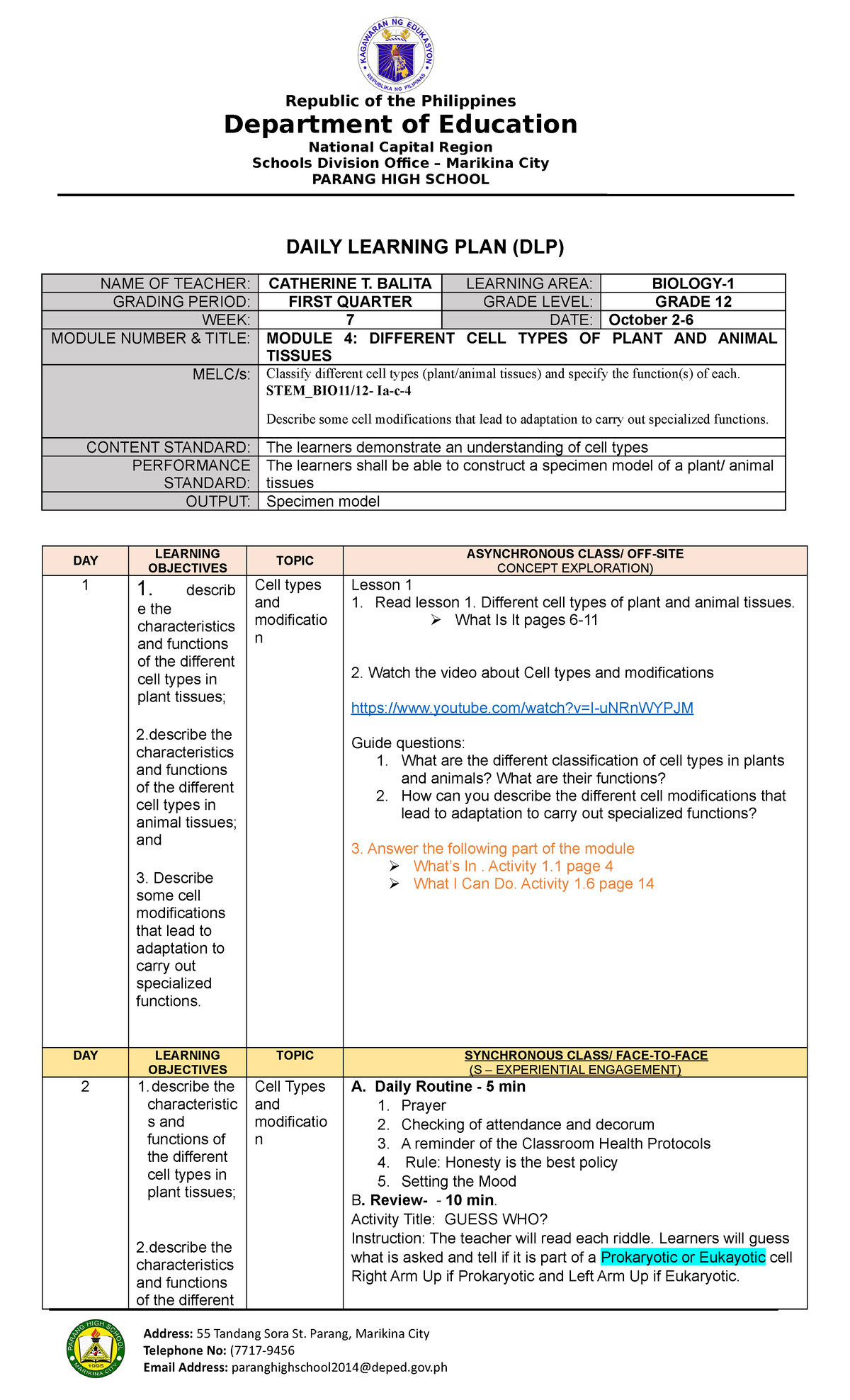Biology-1 Q1 W8 DLP - Specialized Cells Lesson Plan for Grade 12 - Studocu