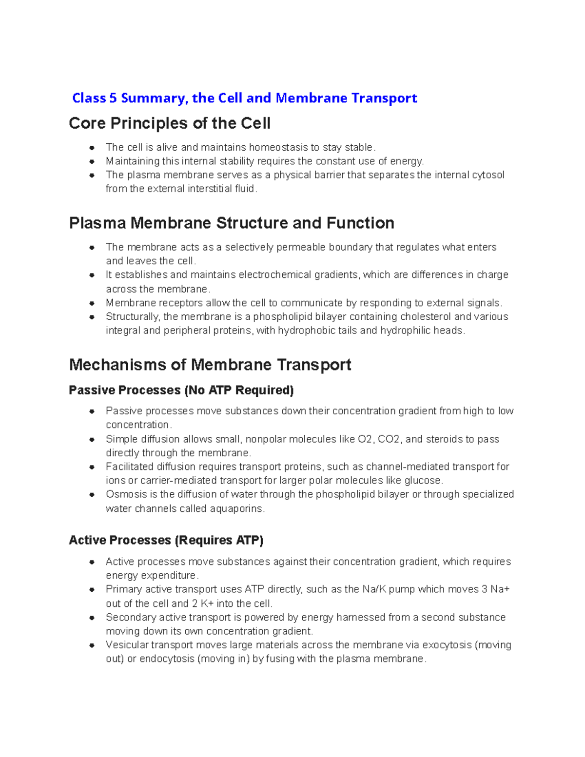 Class 5 Summary: The Cell and Membrane Transport - Studocu