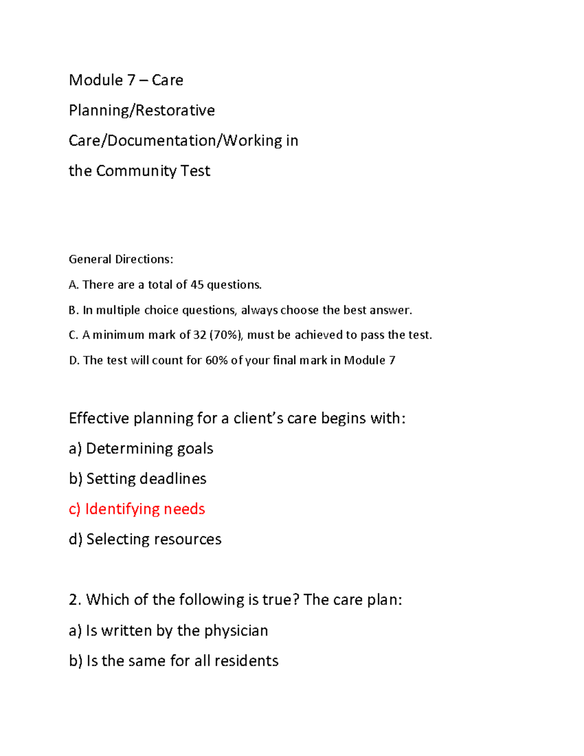 Module 7 – Care Test: Planning, Restorative Care & Documentation - Studocu