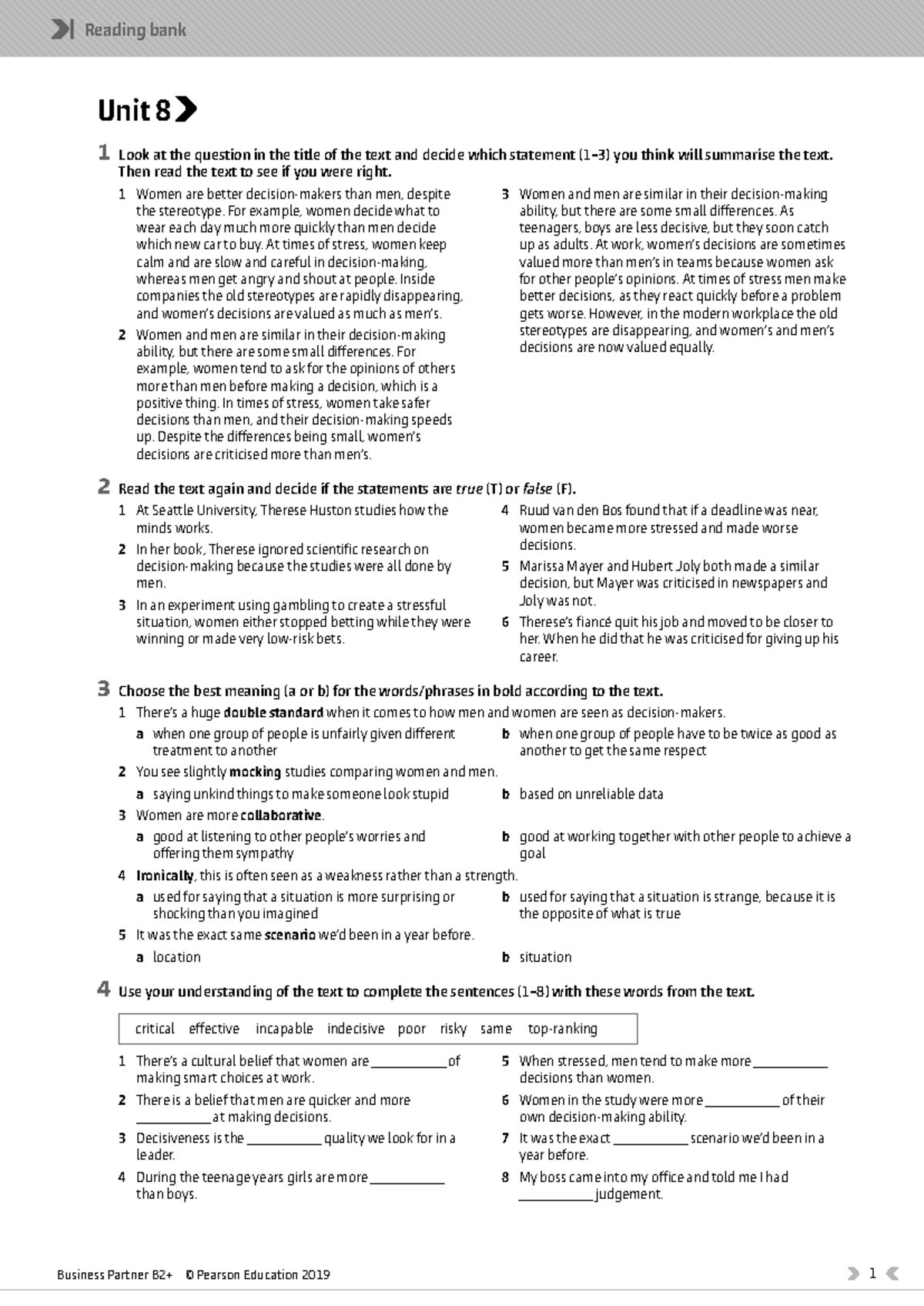 Bus Part B2P Reading Bank U8: Gender Decision-Making Insights - Studocu
