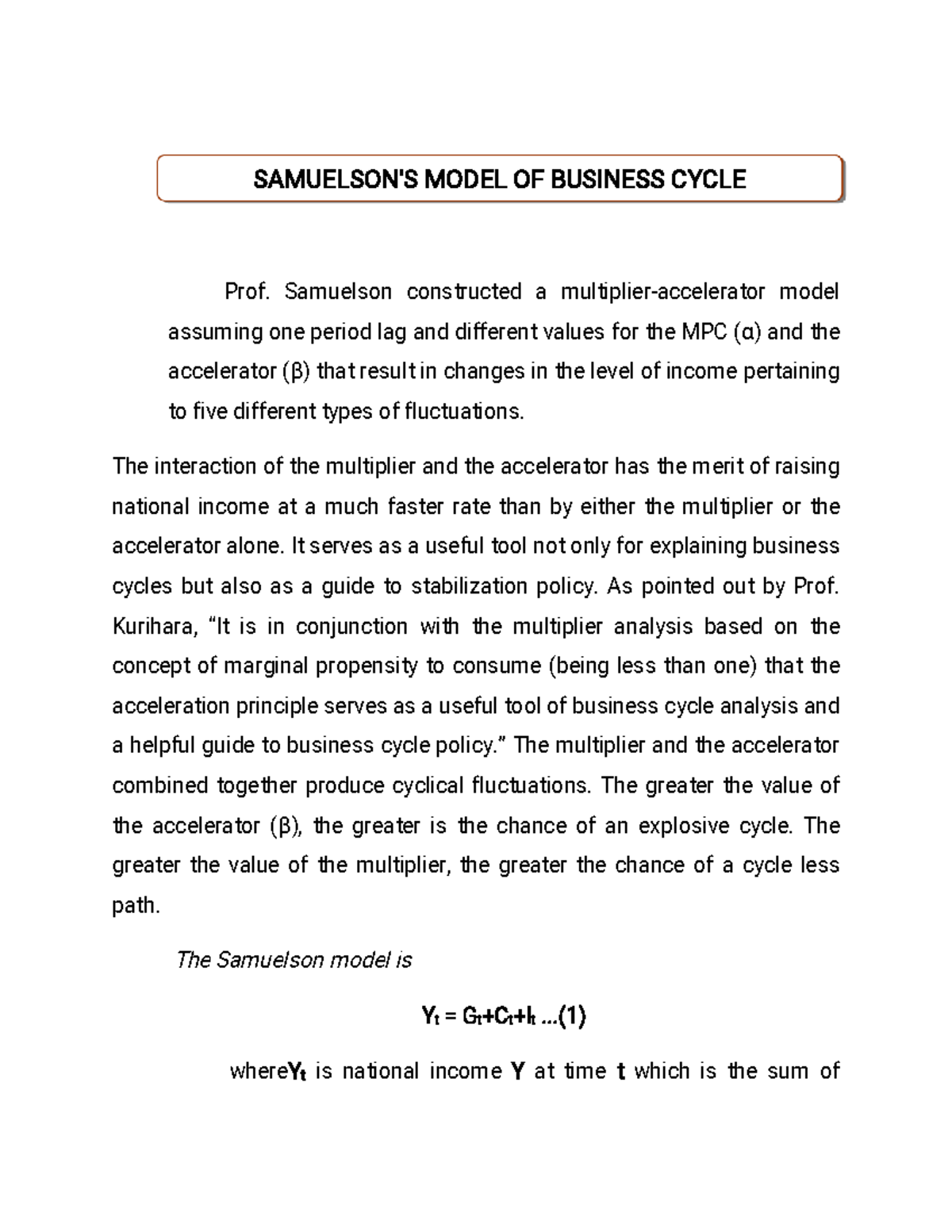 Samuelson's model of business cycle - Prof. Samuelson constructed a ...
