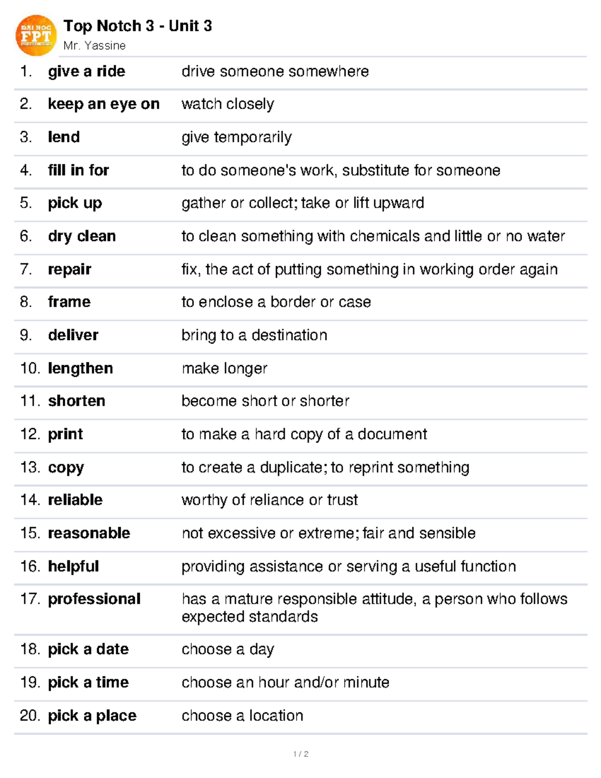 Unit 3 Vocabulary List for Top Notch 3 - Mr. Yassine - Studocu
