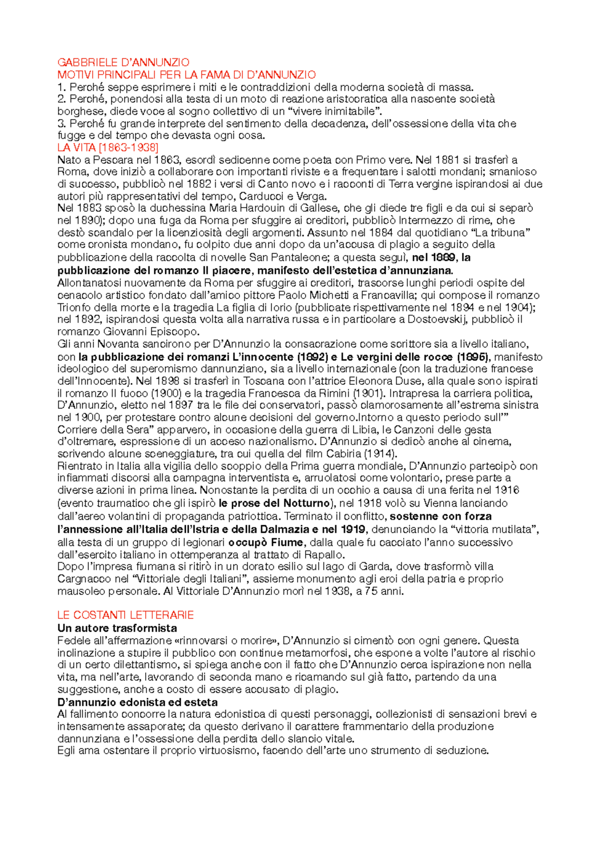 D'Annunzio - Riassunto e Caratteristiche Generali di 1. - Studocu