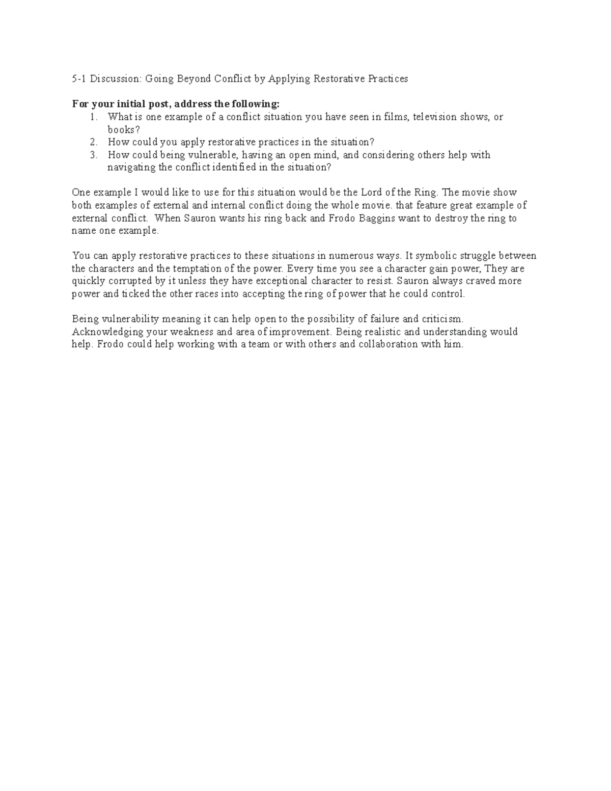 5-1 Discussion Assignment: Applying Restorative Practices in Conflict ...