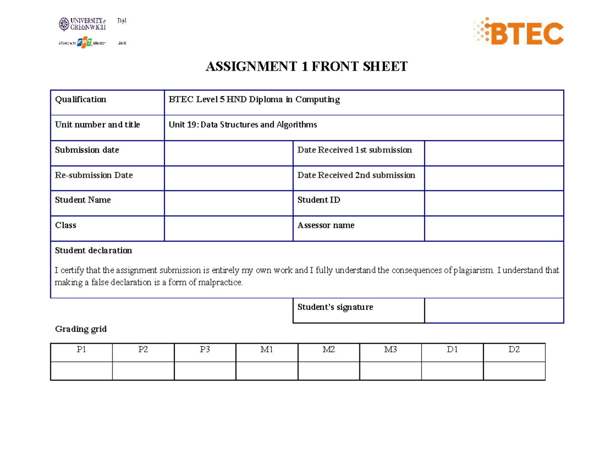 Unit 19 - Assignment 1 frontsheet - ASSIGNMENT 1 FRONT SHEET Qualification BTEC Level 5 HND ...