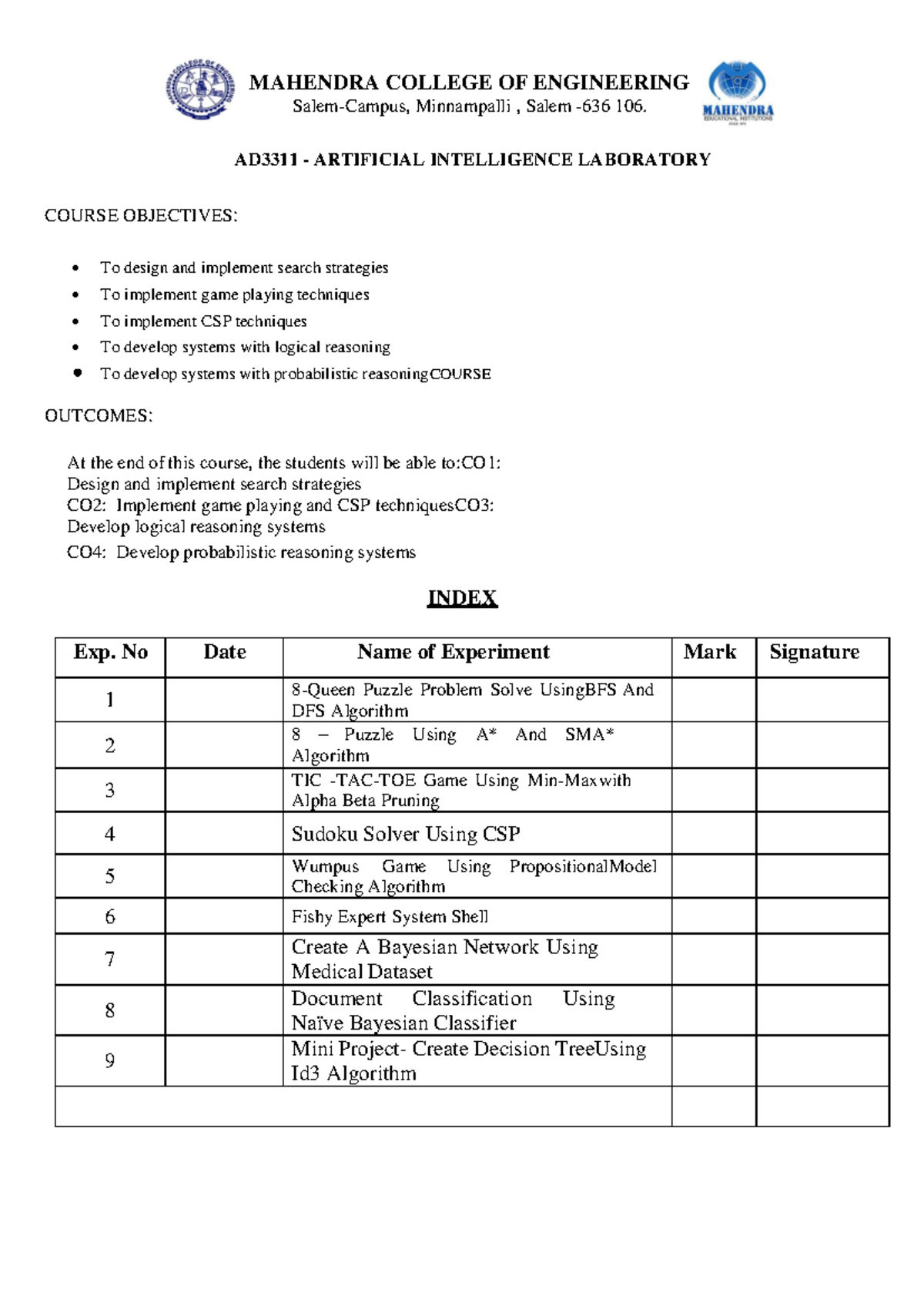 AD3311 - AI Lab Manual: Search & Game Strategies Techniques - Studocu